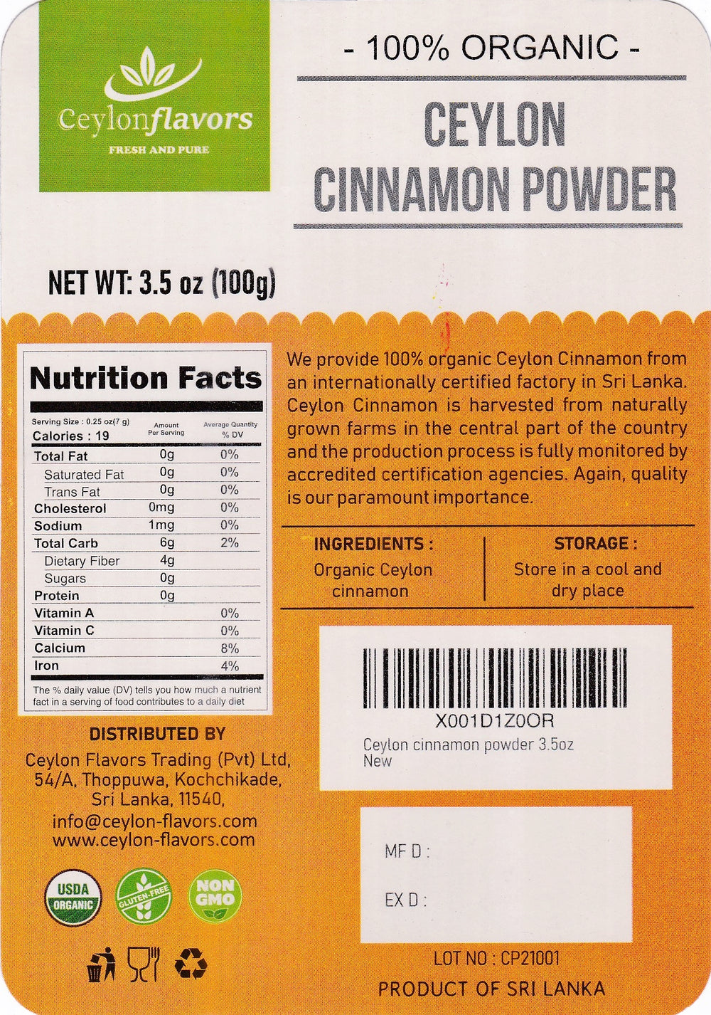 Ceylon Cinnamon Powder 100g (3.5oz) - USDA & UK Certified. 100% Organi
