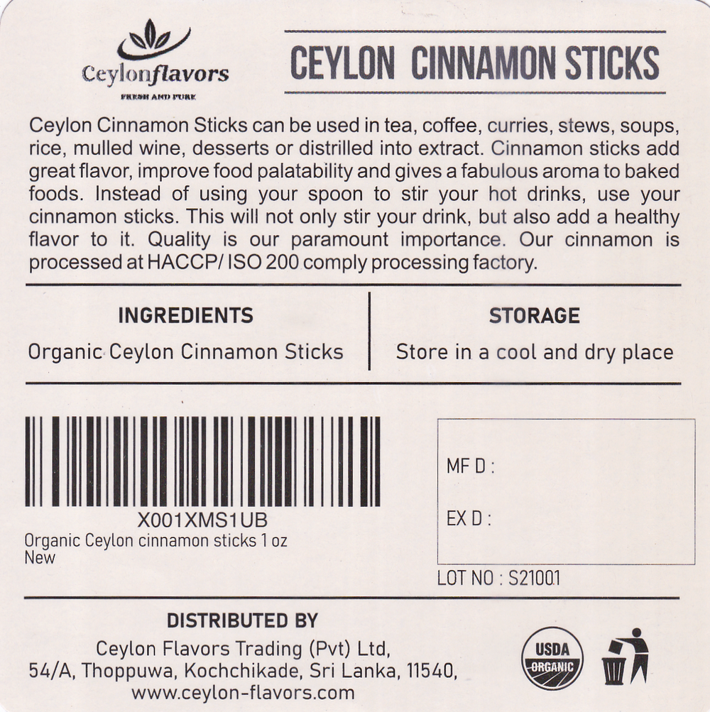 Ceylon Cinnamon Sticks - 3" fine cut, 28g (1oz) - C5 Premium Special G